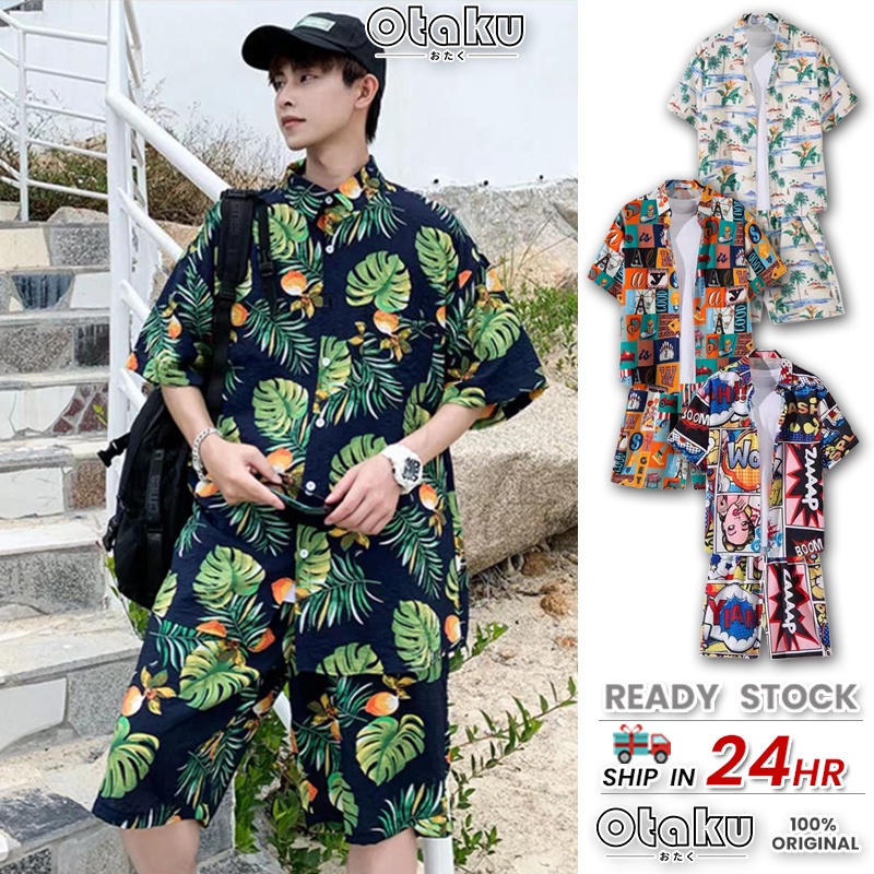 OTAKU Hawaiian Polo Suit For Men Floral Shirt Set Beach Oversized Plus ...