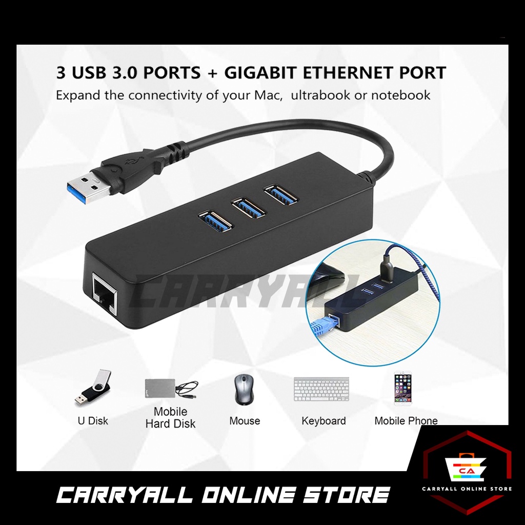 3 Ports USB 3.0 Hub + Gigabit Ethernet Adapter Lan RJ45 Network Adapter ...