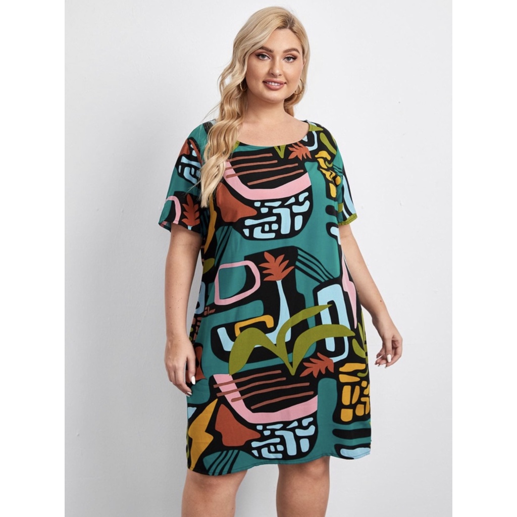 Simplee Geometric Fun Print Plus Size Dress A2942 | Shopee Philippines