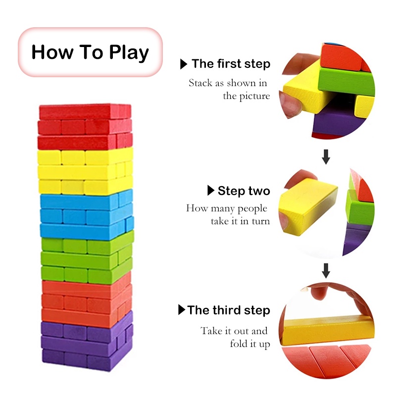 54 Pcs Wooden Toy Building Blocks Stacking Tumbling Tower Rainbow ...