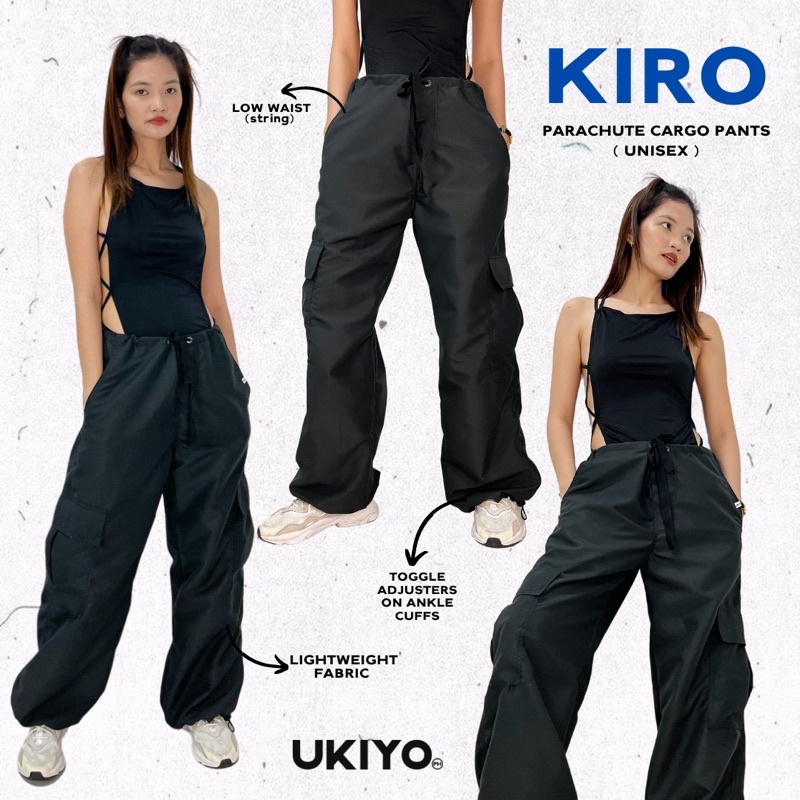 KIRO Unisex String Parachute Cargo Pants Baggy Style by UKIYO (Black) | Shopee Philippines