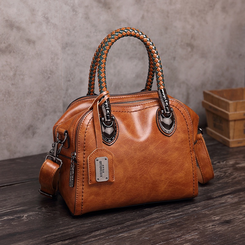 New Women's Bag Oil Waxed Leather Contrast Color Handbag Shoulder ...