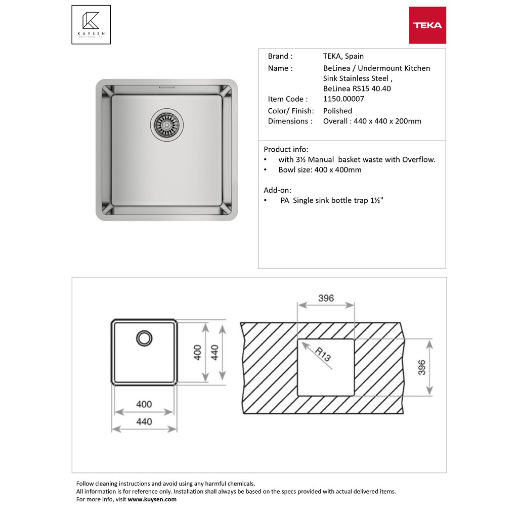 TEKA BE Linea Stainless Steel Single Bowl Undermount Sink by Kuysen ...