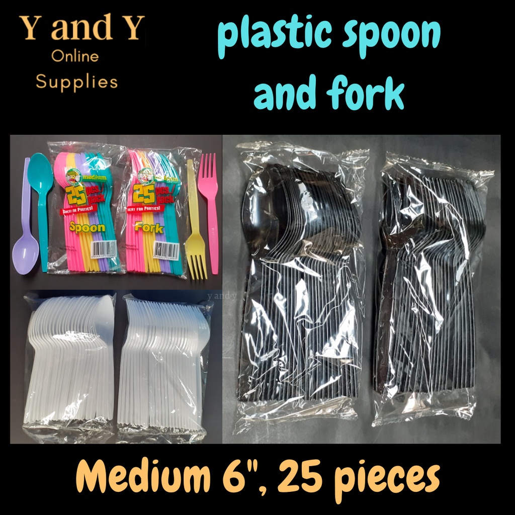 Plastic Spoon Fork, White, Black and Assorted, 6" medium (25 pieces ...