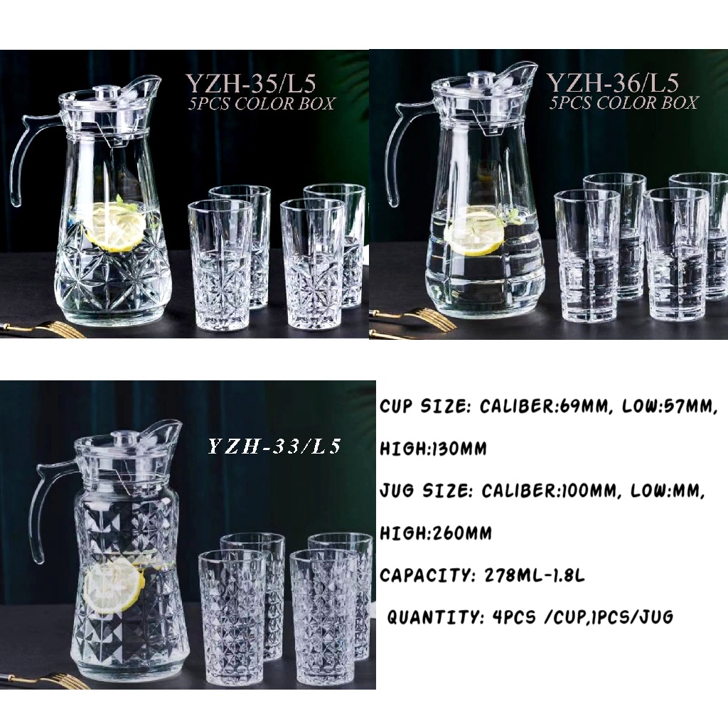 DELISOGA Deli Glassware Pitcher and Cup set 4pcs. Drinking Glass 278ml ...