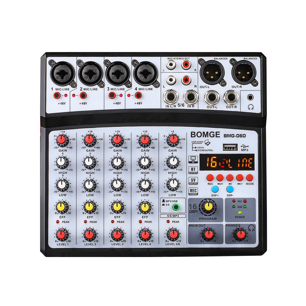 BOMGE 4 channel dj audio sound mixer with MP3 USB Bluetooth, stereo record,48V phantom power,5V ...