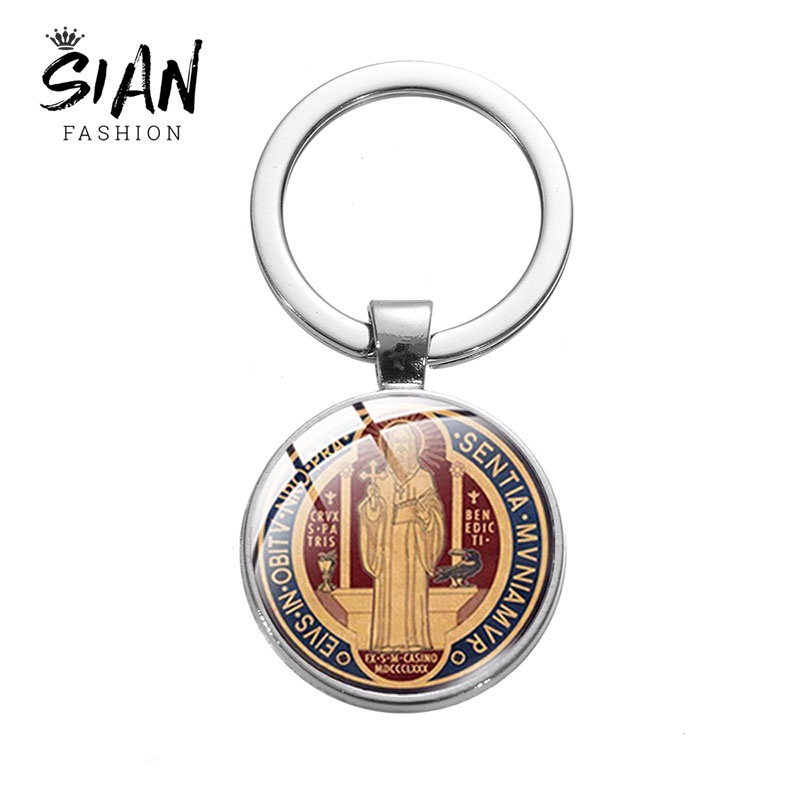 SIAN Saint Benedict Medallion Keychains Keyrings Glass Cabochon Pendant ...