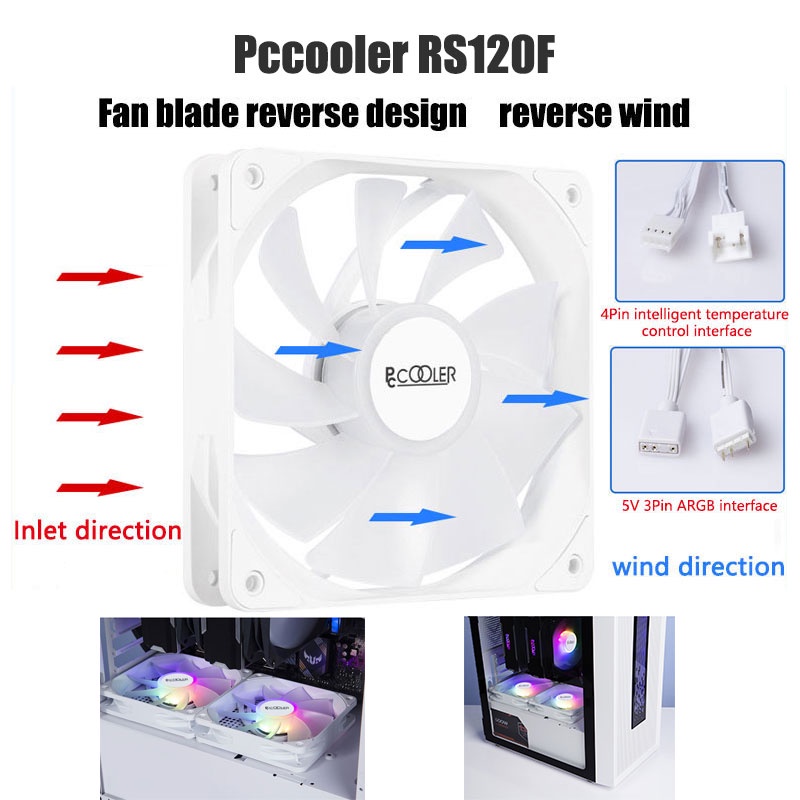 Pccooler RS120F Reverse Blade Chassis Fan 120mm 5V ARGB Fan Reverse Air ...