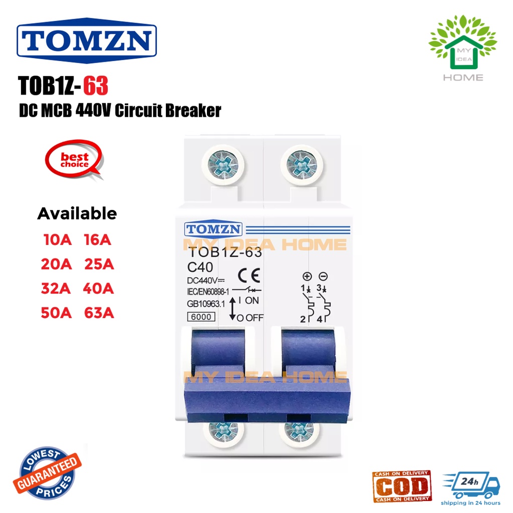 TOMZN 2P DC MCB 6KA 440V Mini Circuit Breaker 10A/16A/20A/25A/32A/40A/50A/63A TOB1Z-63 COD ...