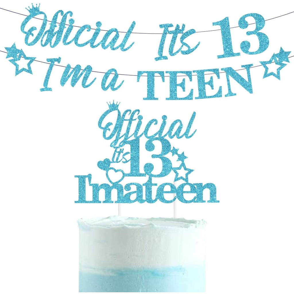 CHEEREVEAL Teal Happy 13th Birthday Banner with Cake Topper Thirteenth ...