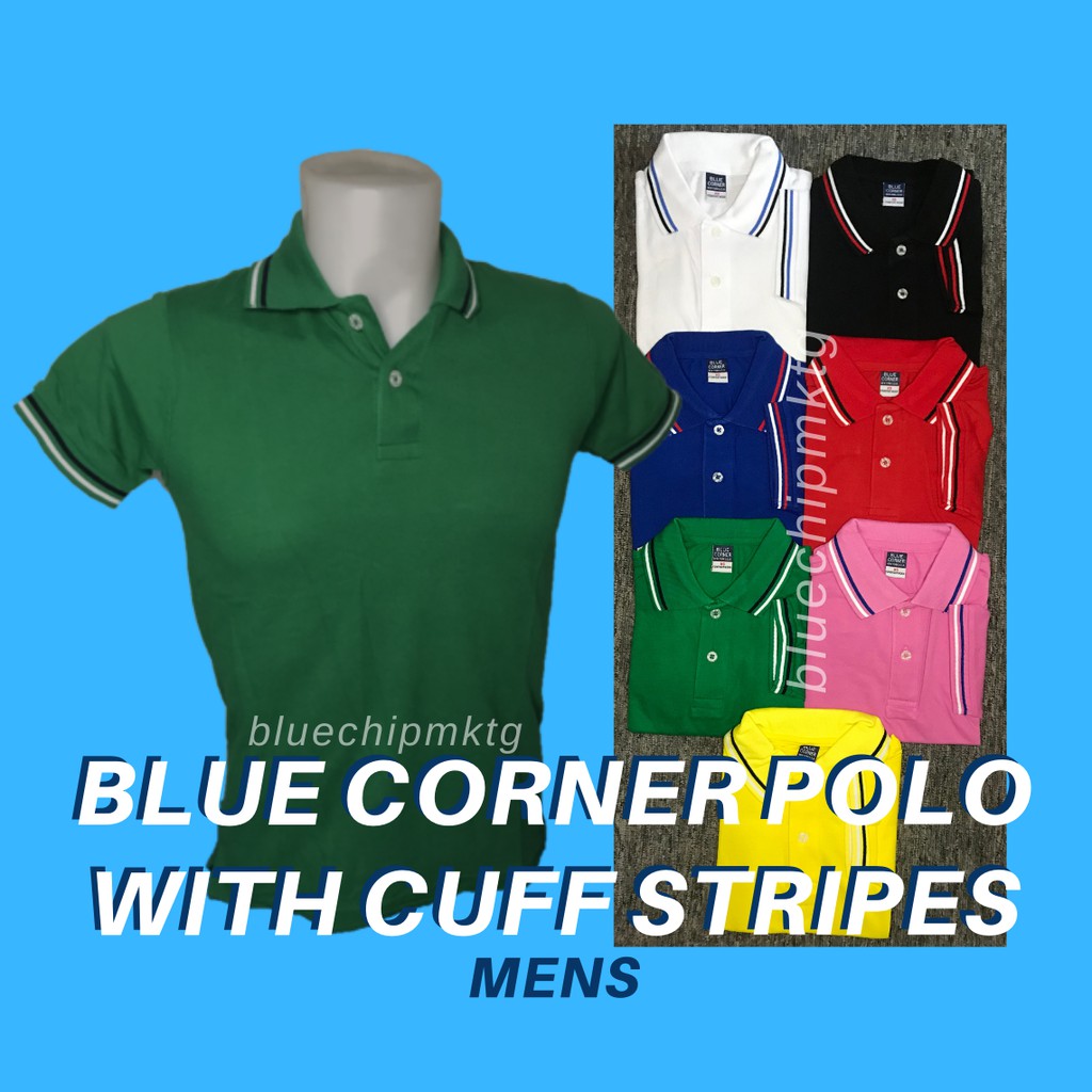 Men's Cotton Blue Corner Polo Shirt w/ Cuff Stripes (Style2) (White ...