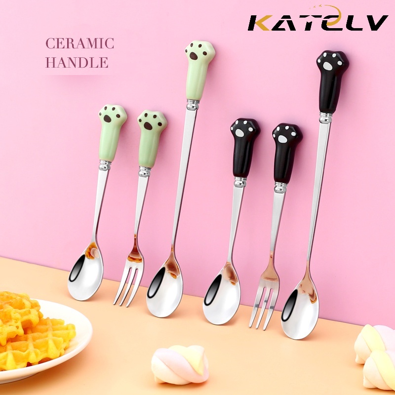 KATELV 3 Pcs/Set Cute Ceramic Handle Cutlery Set Stainless Steel Cat ...