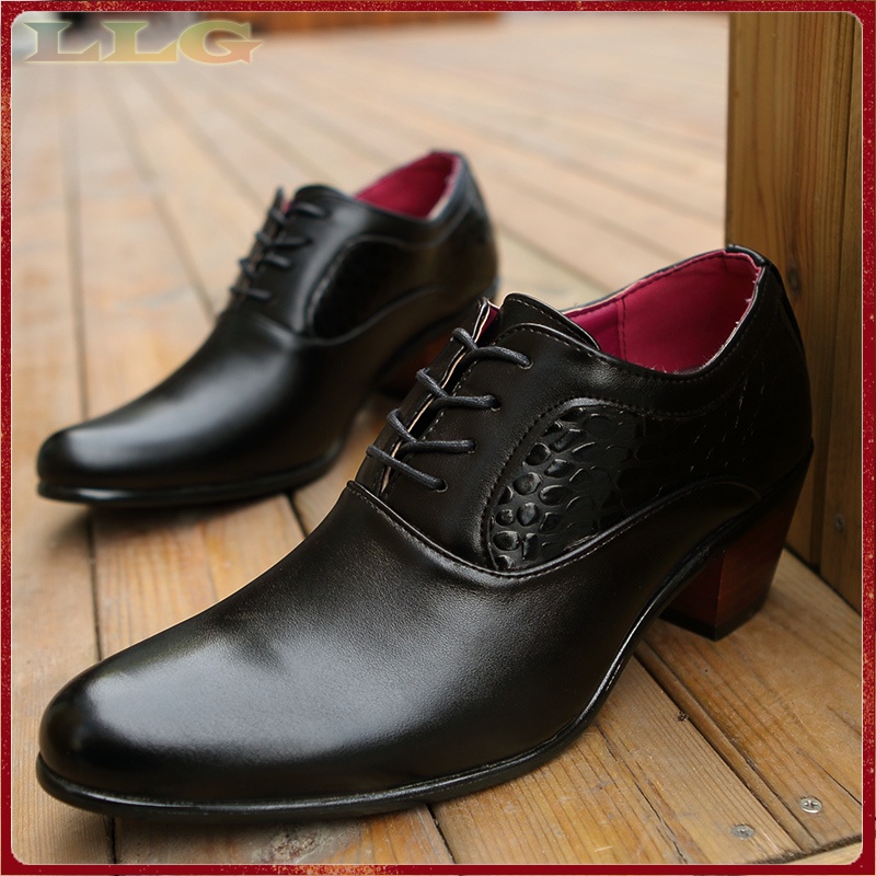Classic Wedge Heel Leather Shoes Men's Patent Pointed High-Heeled Shoes ...