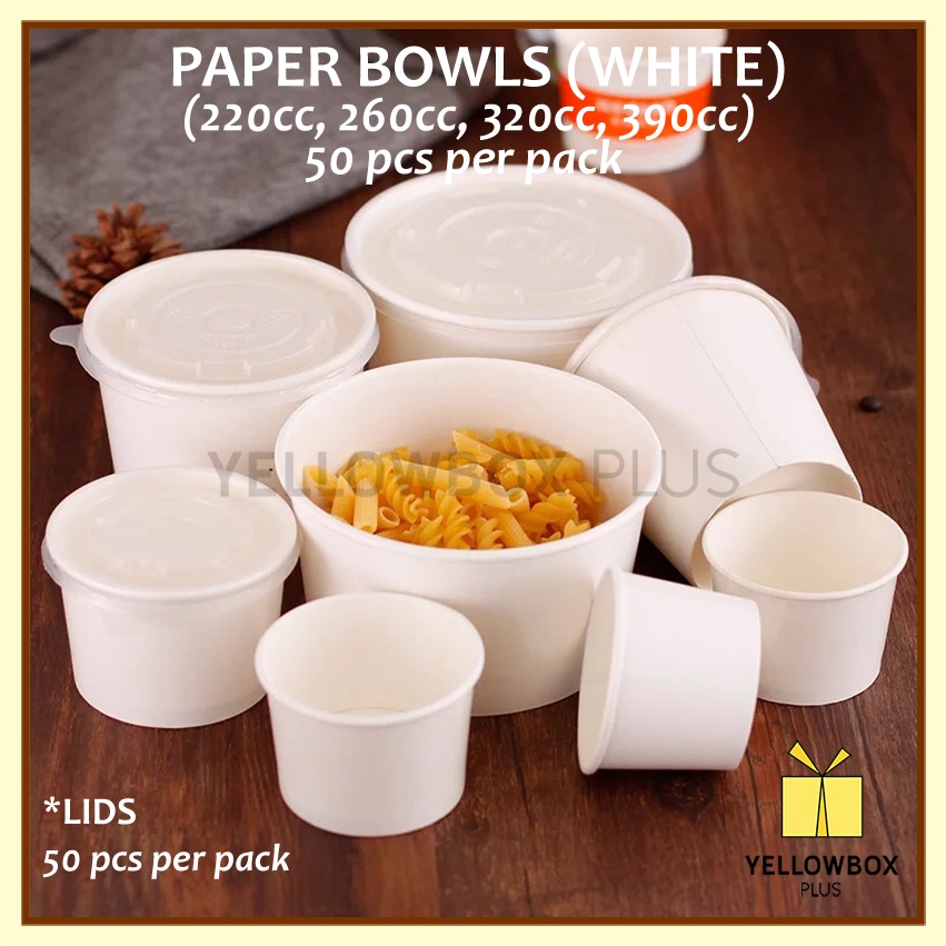 50pcs Plain White Paper Bowl and Plastic Lids - 220cc 260cc 320cc 520cc ...
