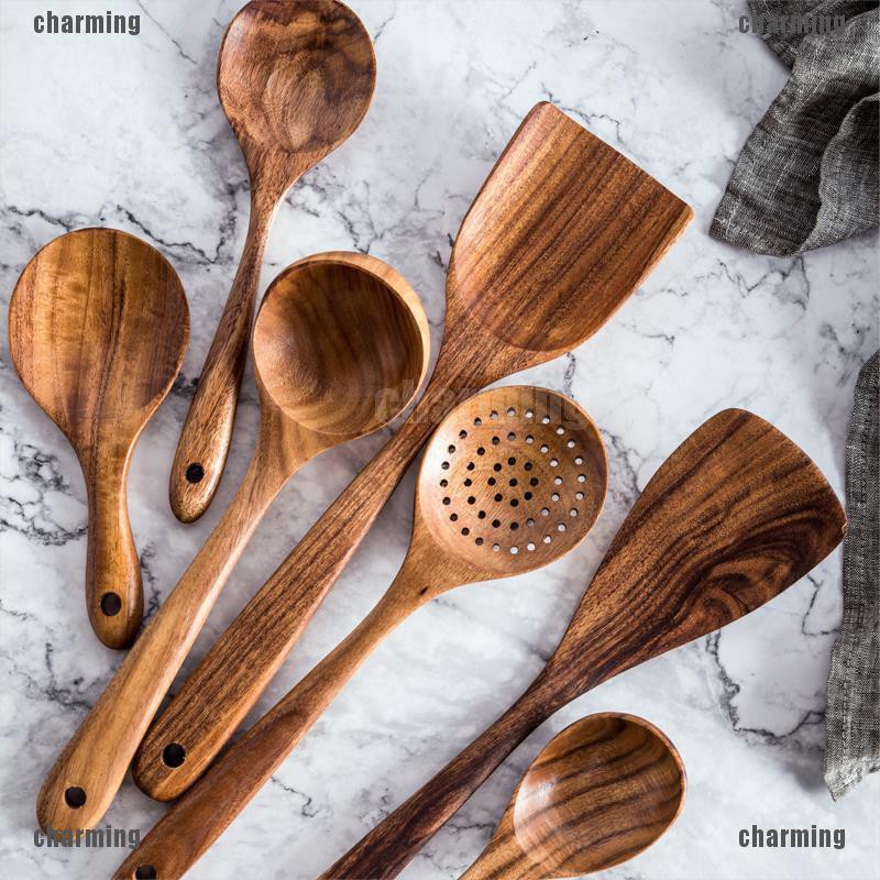 Thailand Teak Natural Wood Kitchen Utensil Set Lightweight Wooden ...