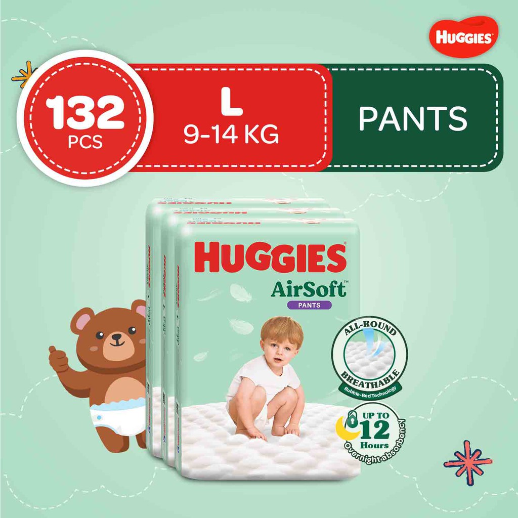 Huggies AirSoft Pants Large - 44 pcs x 3 packs (132 pcs) | Shopee ...