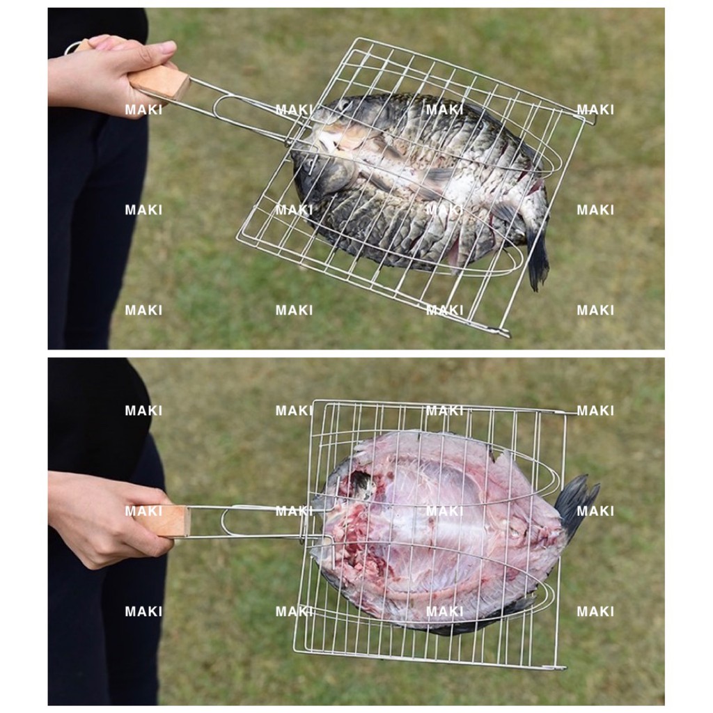 Stainless steel non stick fish grill mesh wire net with wooden handle ...