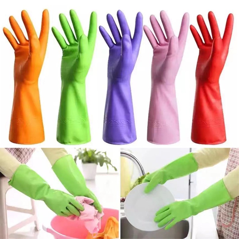 [KH] Colored Rubber Gloves Kitchen Long Dish Washing Cleaning Thick ...
