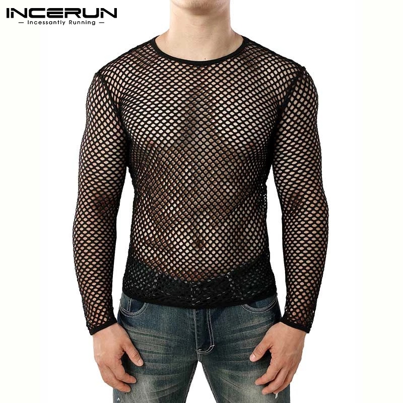 INCERUN Men Summer Mesh See Through Fashion Long Sleeved Slim Fit Tops ...