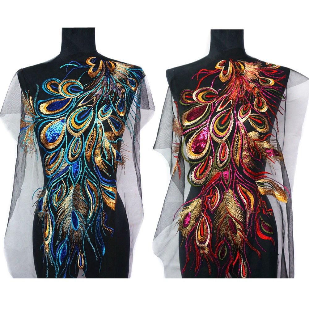 Large Embroidery Sequin Peacock Feather Fabric Lace Applique Net Trim ...