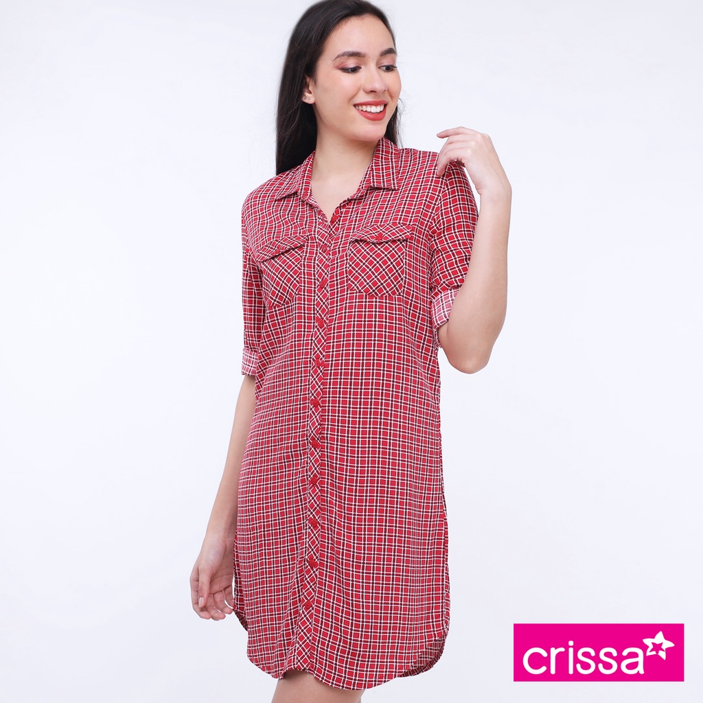 Crissa Woven Checkered 3/4 Slvs Long Blouse (Scarlet) CLDT21-0007 ...