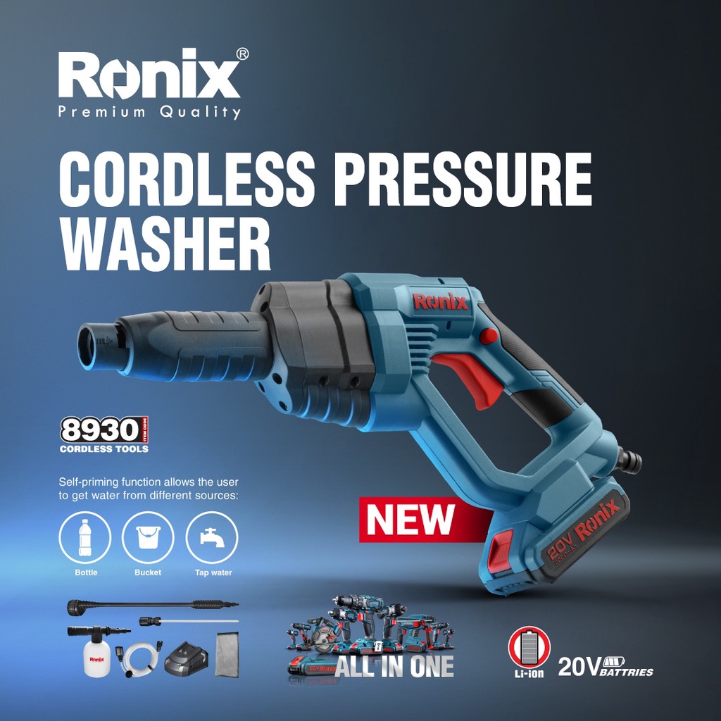 Ronix 8930 20V Cordless Pressure Washer 24.5Bar, 6 Spray Modes, 2.0Ah ...