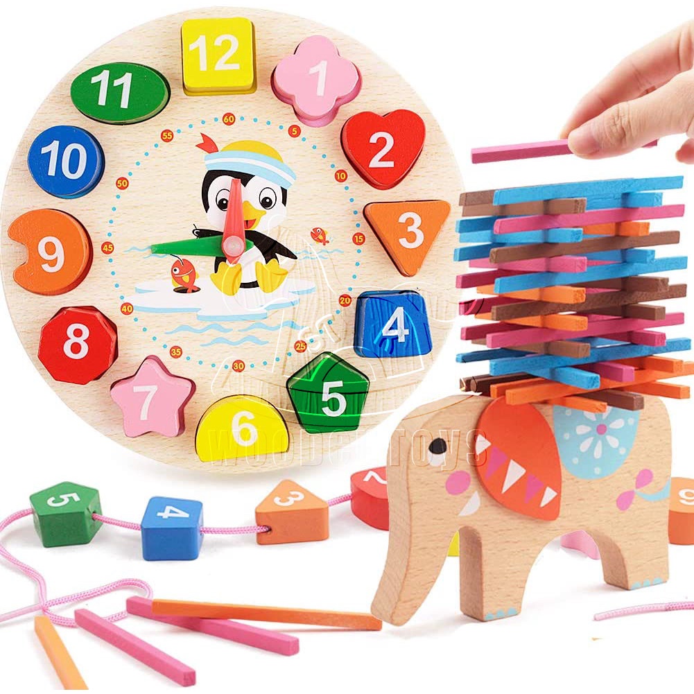 Wooden Jigsaw Puzzles Shape Sorting Clock and Wooden Stacking Elephants ...