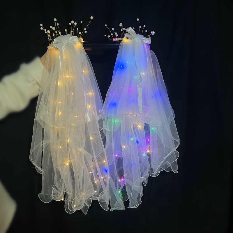 Double-layer LED Lighting Veil Crown Bowknot Pearl Lighted Birthday ...