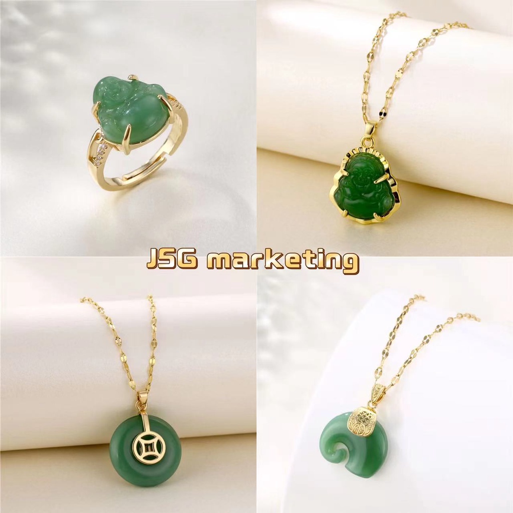 JSG 18k Gold Plated Jade Laughing Buddha Pendant Necklace Ring Lucky ...