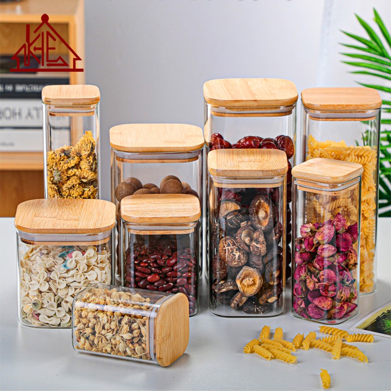 1-KHE Glass Jar Kitchen Food Storage Square Sealed Jar Spice Container ...