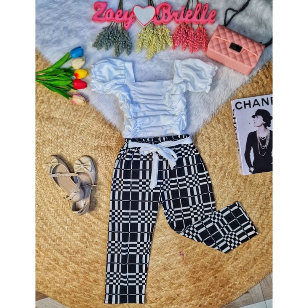 TRENDY SIDE GARTER WHITE TOP & PLAID PANTS WITH BELT TIE FOR KIDS ...