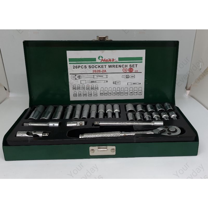 Hans 1/4" Drive 26pcs Deep Socket Wrench Set 2626-2A 12 pts SAE ...