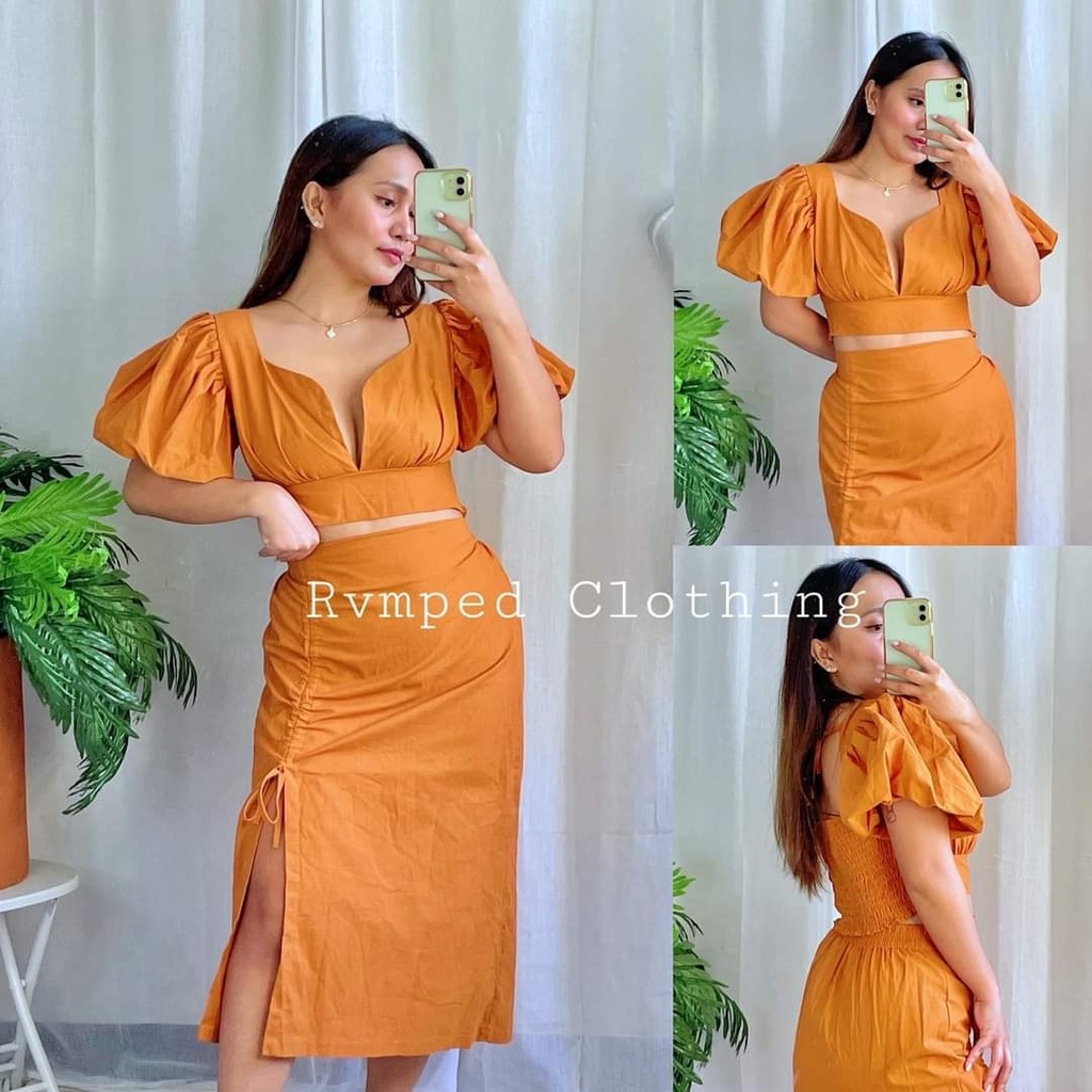 Scarlet Puff Sleeves Terno Skirt With Free Pin | Shopee Philippines