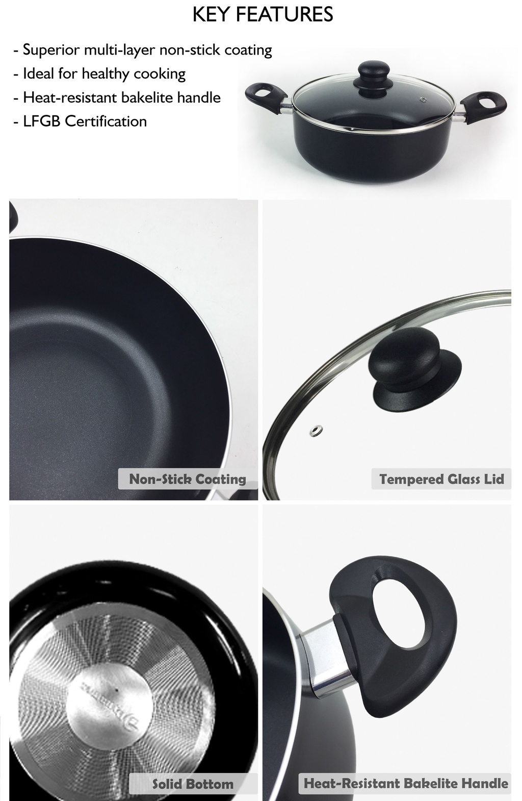 Dynamex Classic 24cm Non-Stick Casserole Dutch Oven With Glass Cover ...