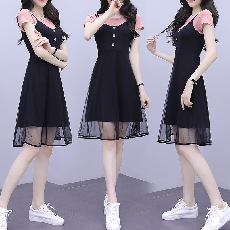 Oversized women's fake two piece dress with straps spring and summer ...