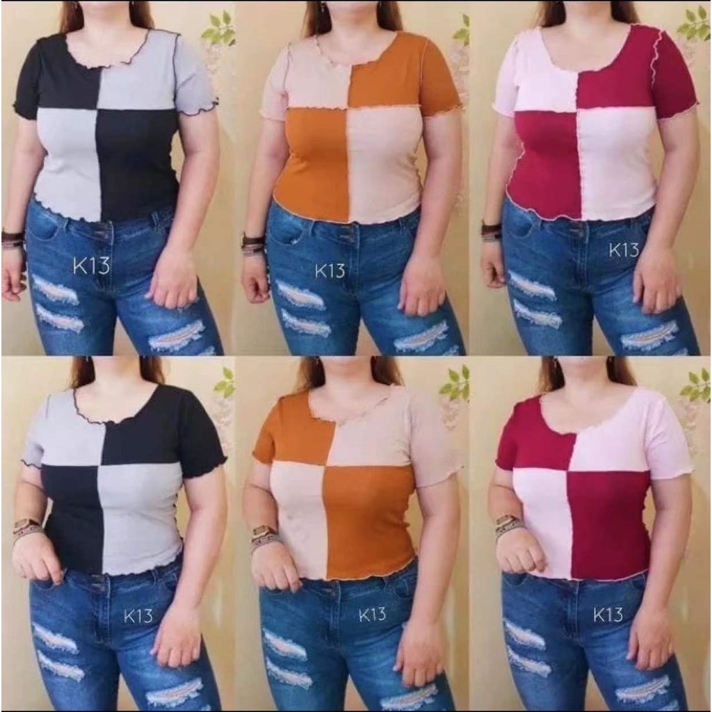 【miss You】plus Size Two Tone Lettuce Top Fit Up Semi Large To Semi 2xl