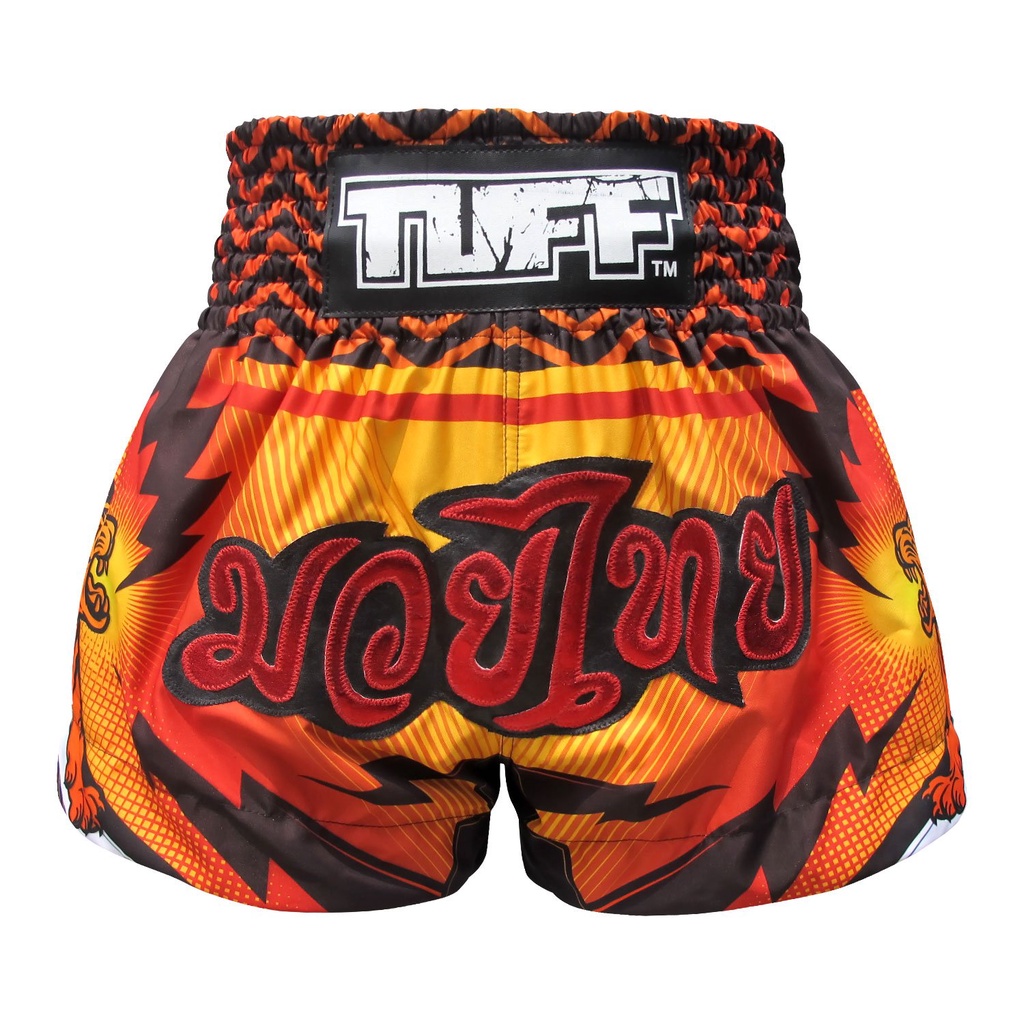 TUFF Orange with black thunderbolt double tiger Muay thai boxing shorts ...