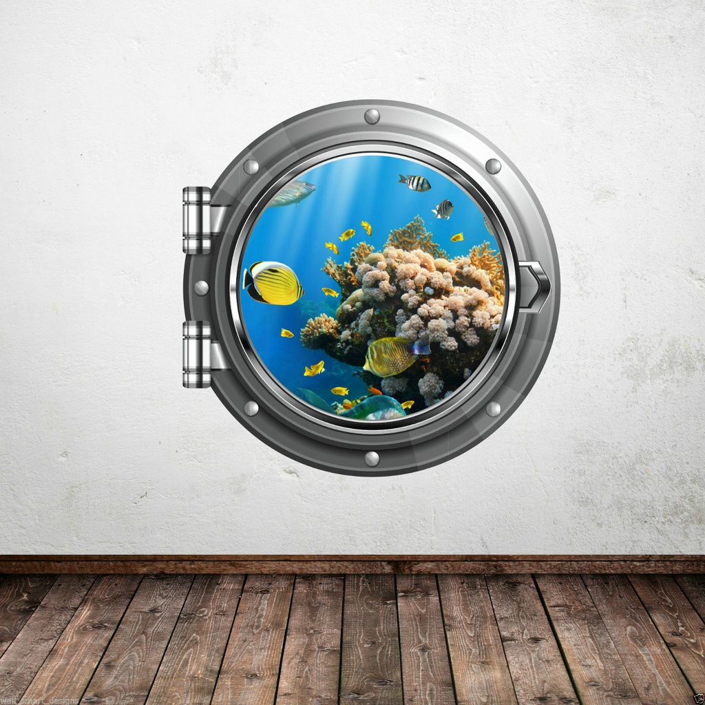 FULL COLOUR AQUARIUM TROPICAL FISH SEA PORTHOLE WALL STICKER BATHROOM ...