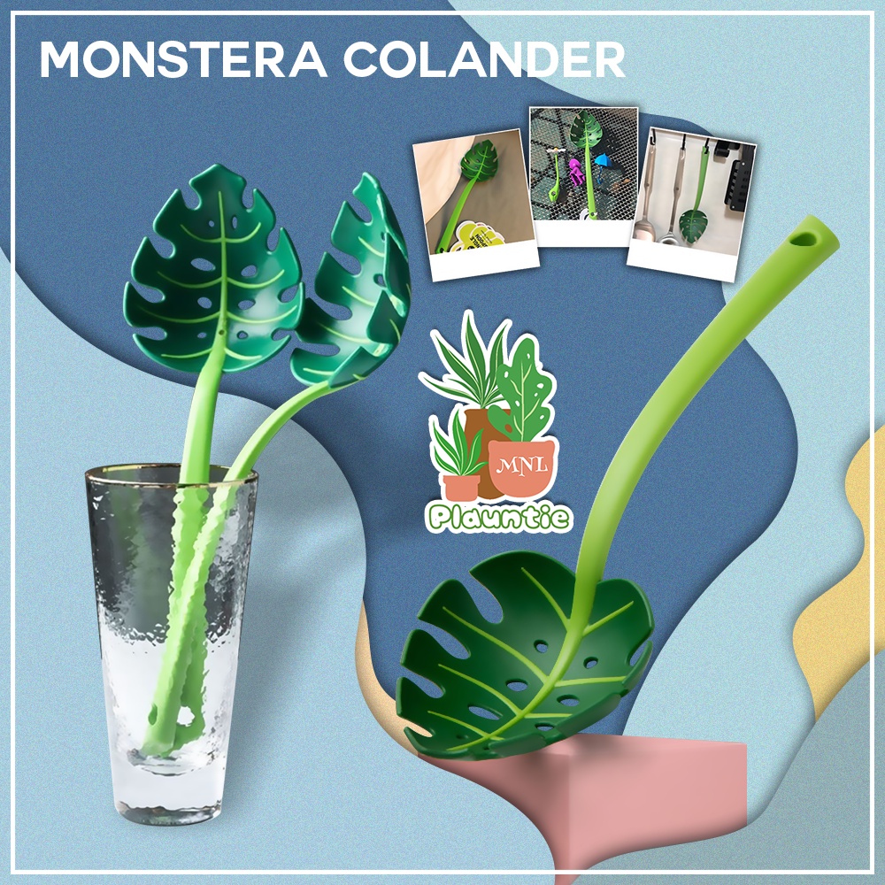 Green Monstera Leaf Colander Long-Handled Spaghetti Slotted Serving ...