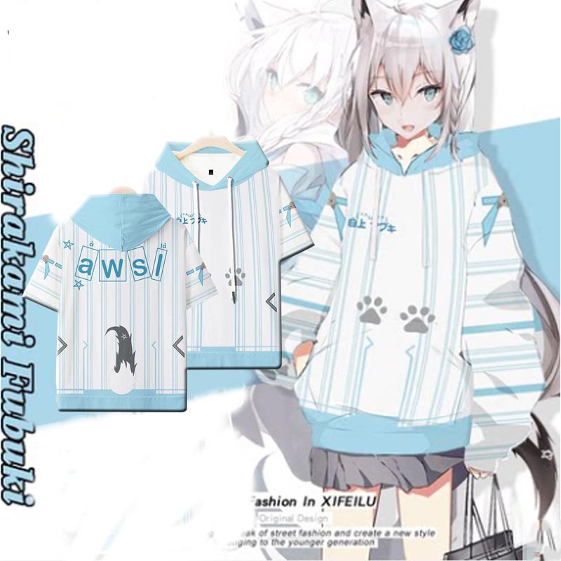 HOLOLIVE Vtuber Fubuki Short Sleeve Hoodie Cosplay Apparel Ookami Mio ...