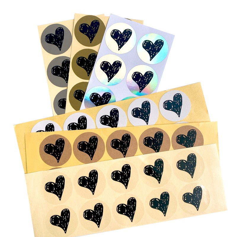 100Pcs 35MM laser Round Heart Black hand painted LOVE Stickers ...