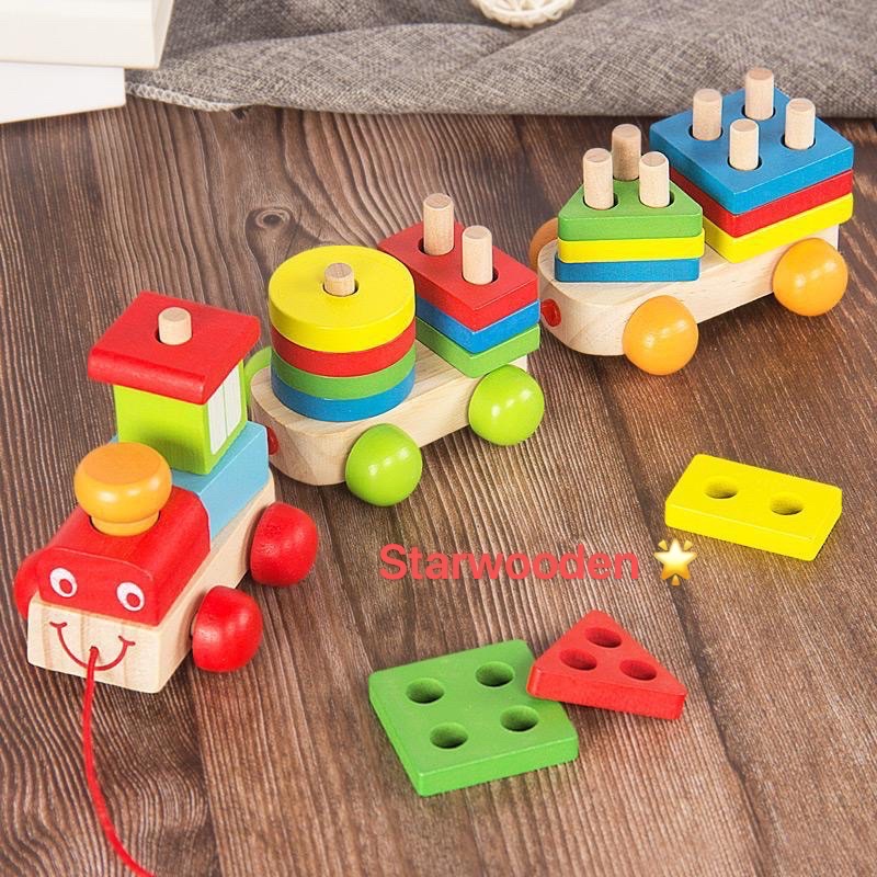 Montessori Wooden Train shape sorter pull along | Shopee Philippines