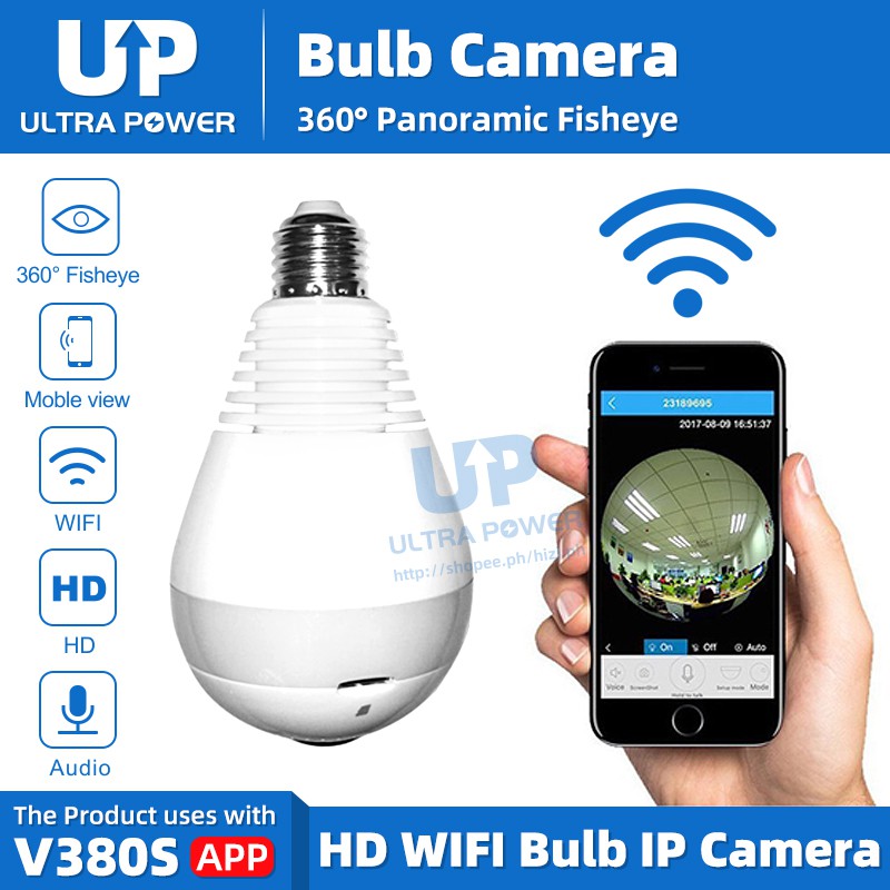 V380 HD WIFI 360° Panoramic Fisheye Bulb IP Camera Indoor Home Security ...
