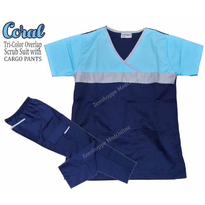 Tri-Color Overlap Scrub Suit with Cargo Pants (Coral) [LCC] | Shopee ...