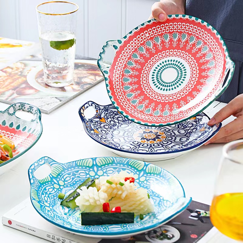 COD Ceramic Plate Double Non-Slip Hollow Ear 9.2 Inch Large Dinner ...