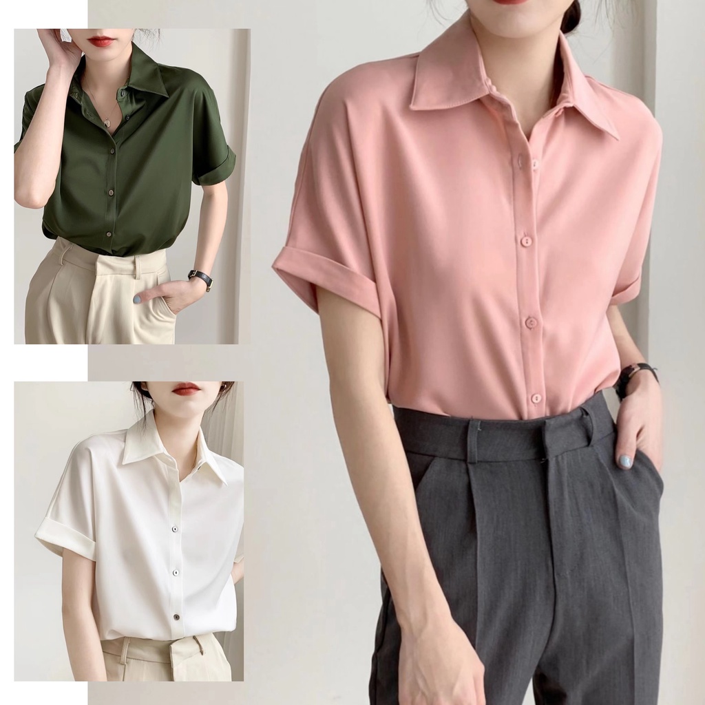 Basic Blouse for Women Short Sleeve Plain Vintage Classic 3 Colors Size ...