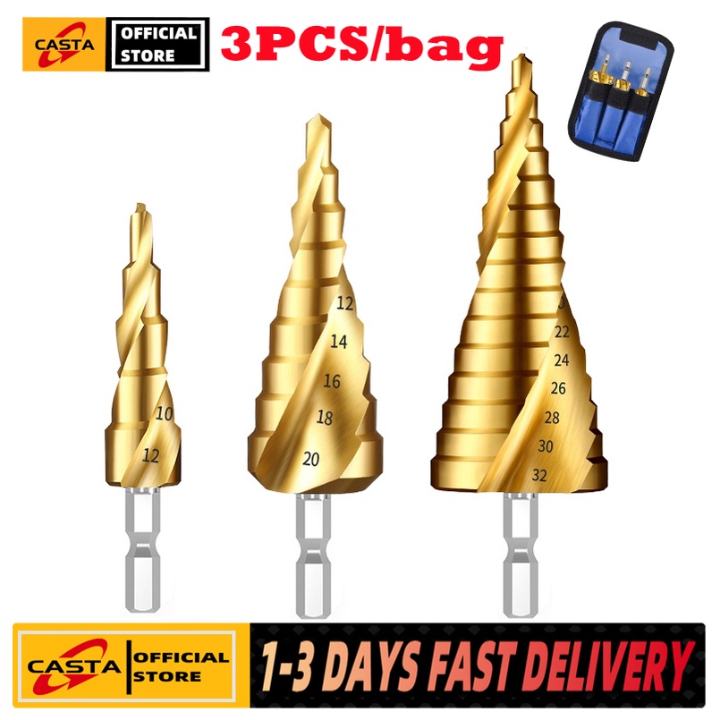 Casta 3PCS Faster Drilling Spiral Grooved Unibit Step Drill Bits Set ...