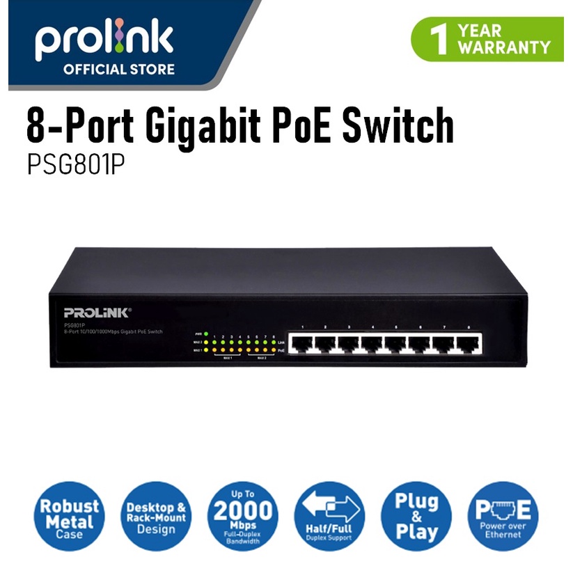 PROLiNK PSG801P 8-Port PoE Switch Desktop Rack Mountable 10/100 ...