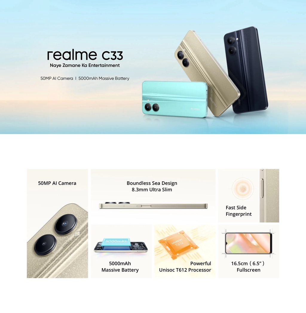 Realme C33 Smartphone | 4GB + 64GB / 128GB | 6.5'' Fullscreen Display ...