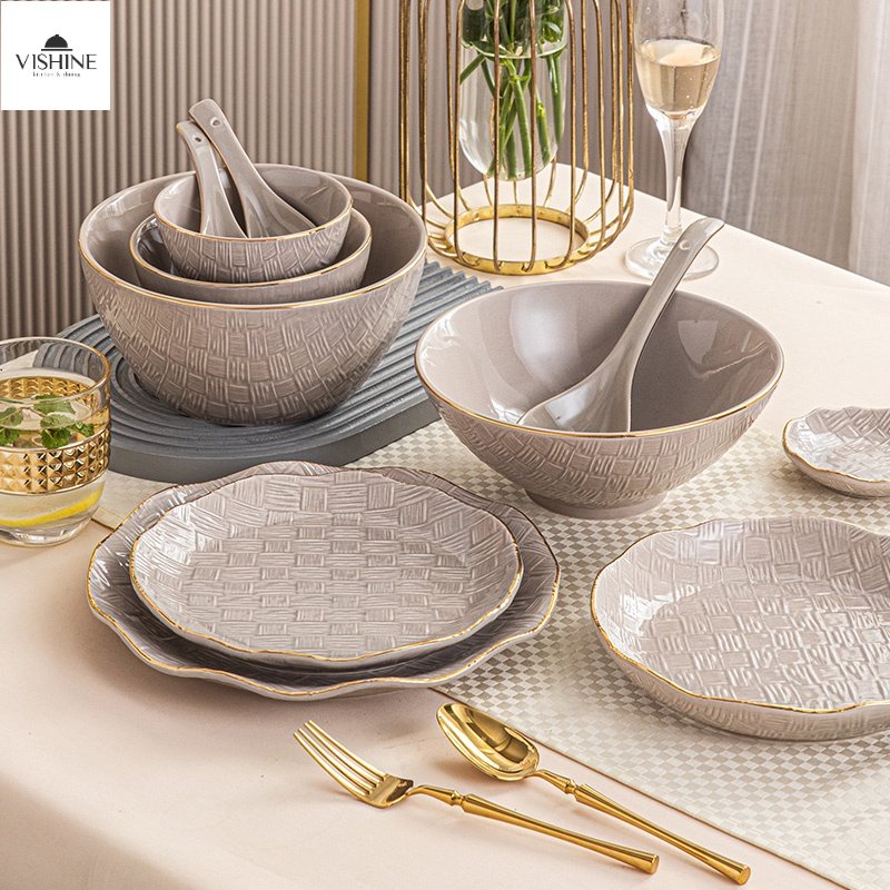 Embossed Ceramic Plate Nordic Dinner Plate Salad Plate Soup Bowl Saucer ...